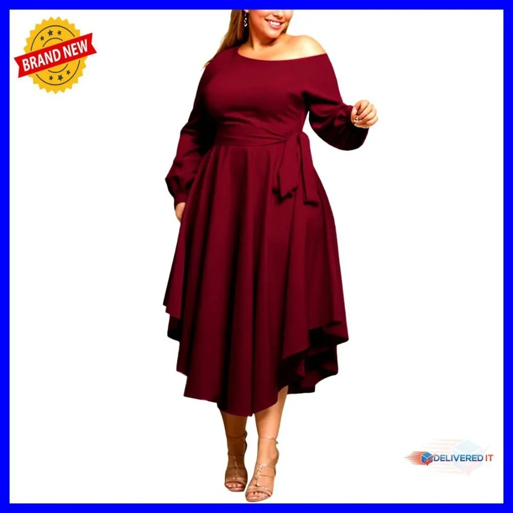 Dresses | Plus Size Formal Midi Dress Off Shoulder Long Sleeve Boat ...